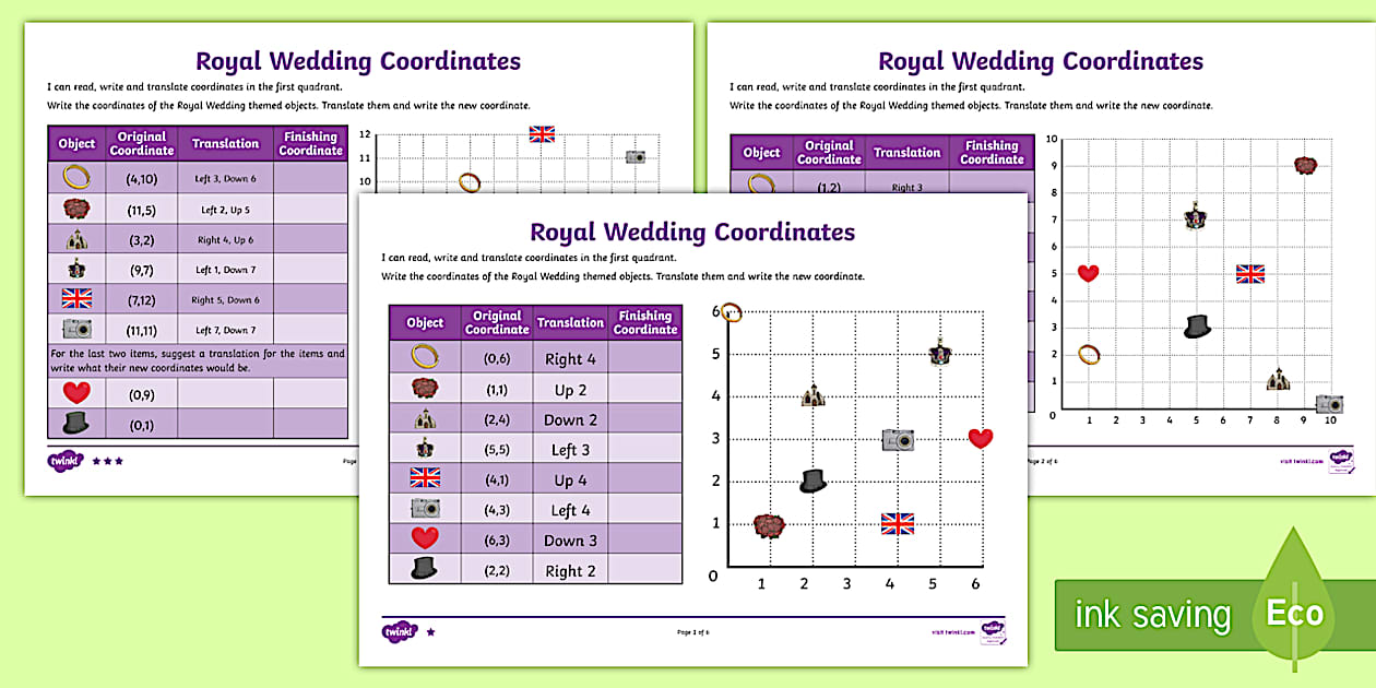 Wedding Themed Coordinates in the First Quadrant Maths Worksheets