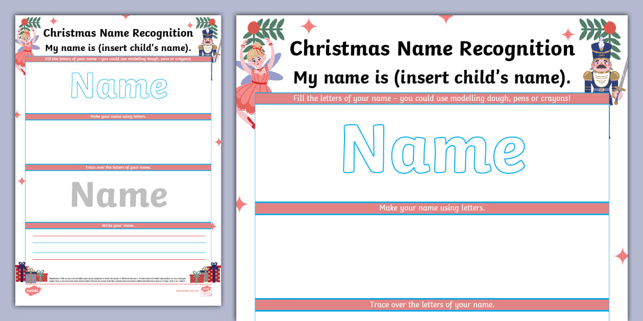 Editable Name Recognition Make Read Write Activity Mat - Christmas-Themed
