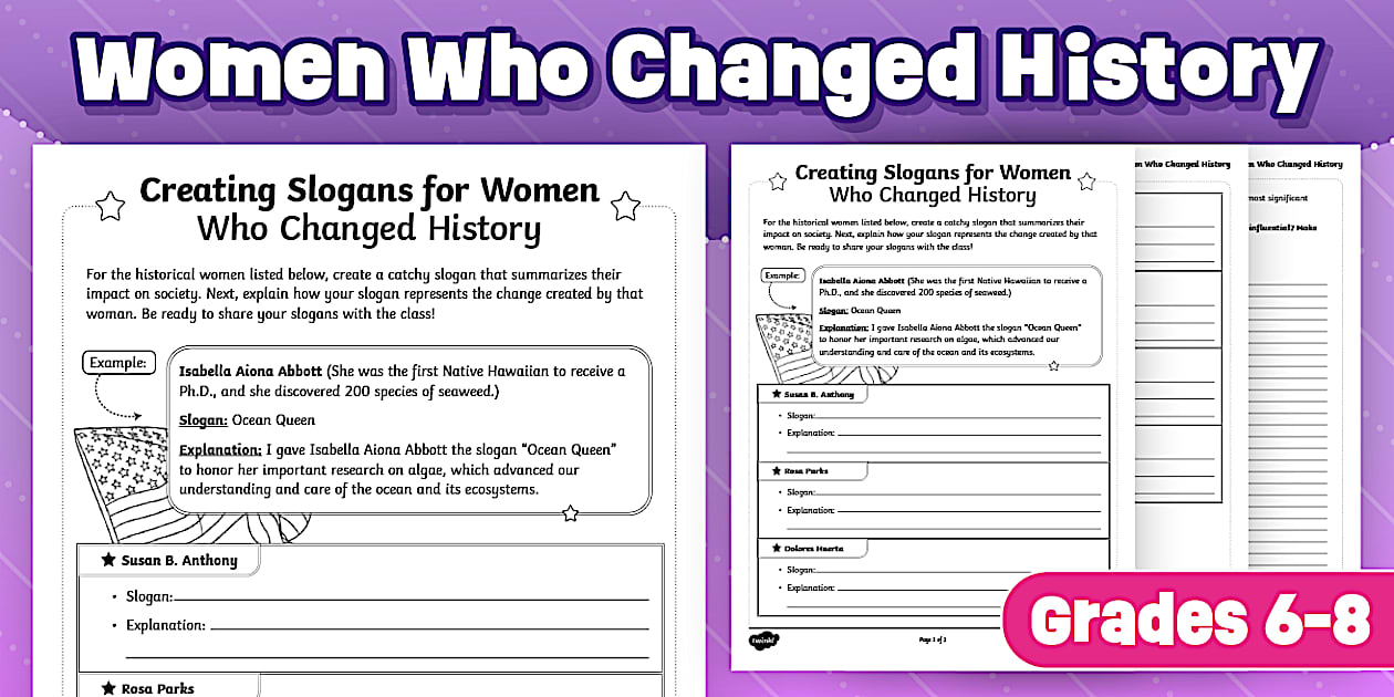 Seventh Grade Creating Slogans for Women Who Changed History Worksheet