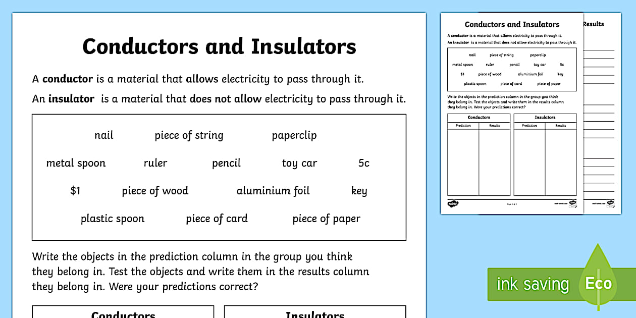 Conductors and Insulators Worksheet - Science (teacher made)