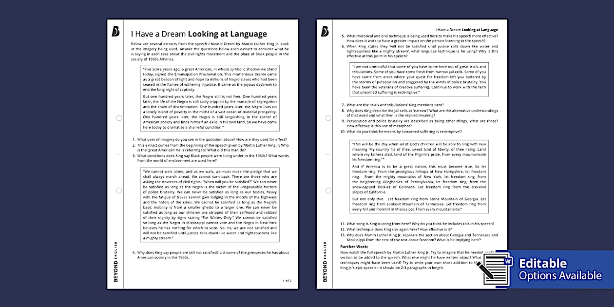 Martin Luther King Jr Speech Analysis| Worksheet | Beyond
