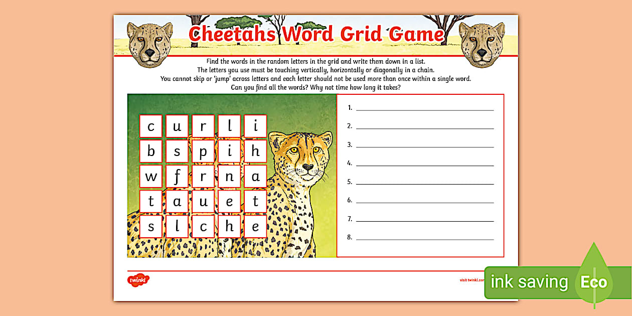 Cheetahs Word Grid Game (teacher made) - Twinkl