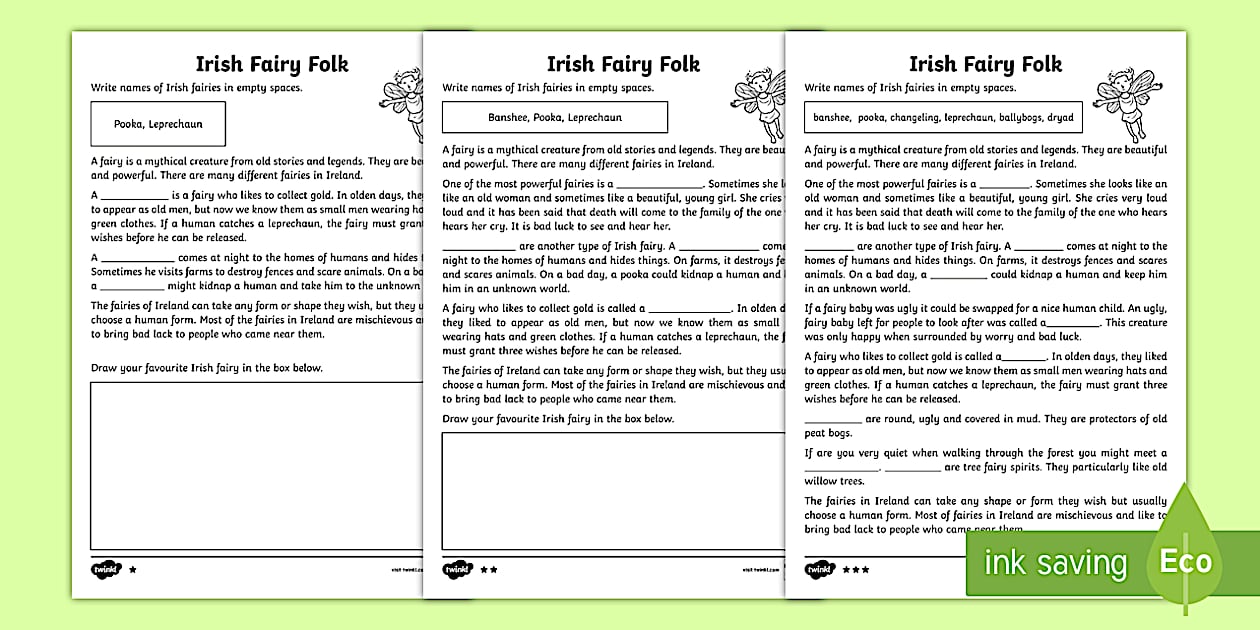 Irish Fairy Folk Cloze Procedure Differentiated Reading Comprehension ...