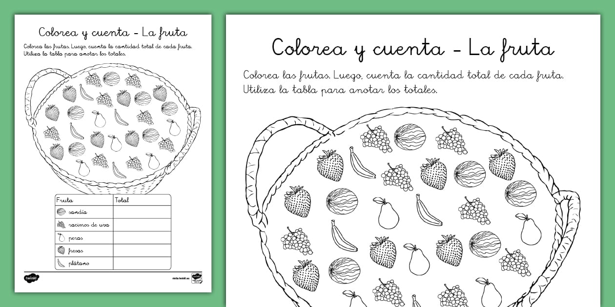 Ficha de actividad: Colorea y cuenta la fruta (Teacher-Made)