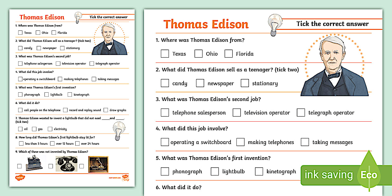 Thomas Edison Paper Quiz (teacher made) - Twinkl