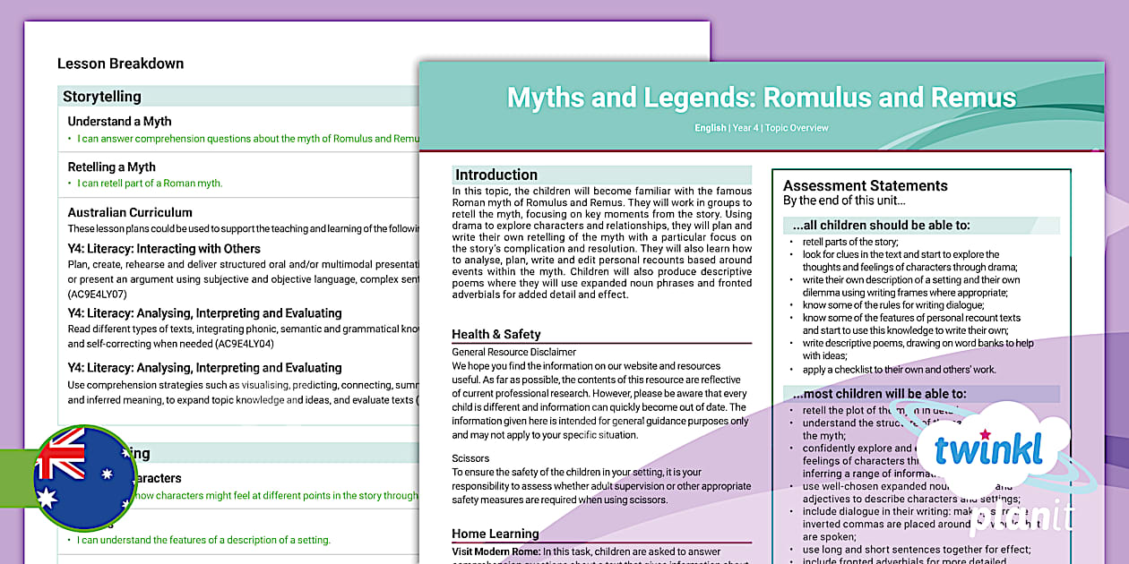 PlanIt English Year 4 Myths and Legends: Romulus and Remus Topic Planning