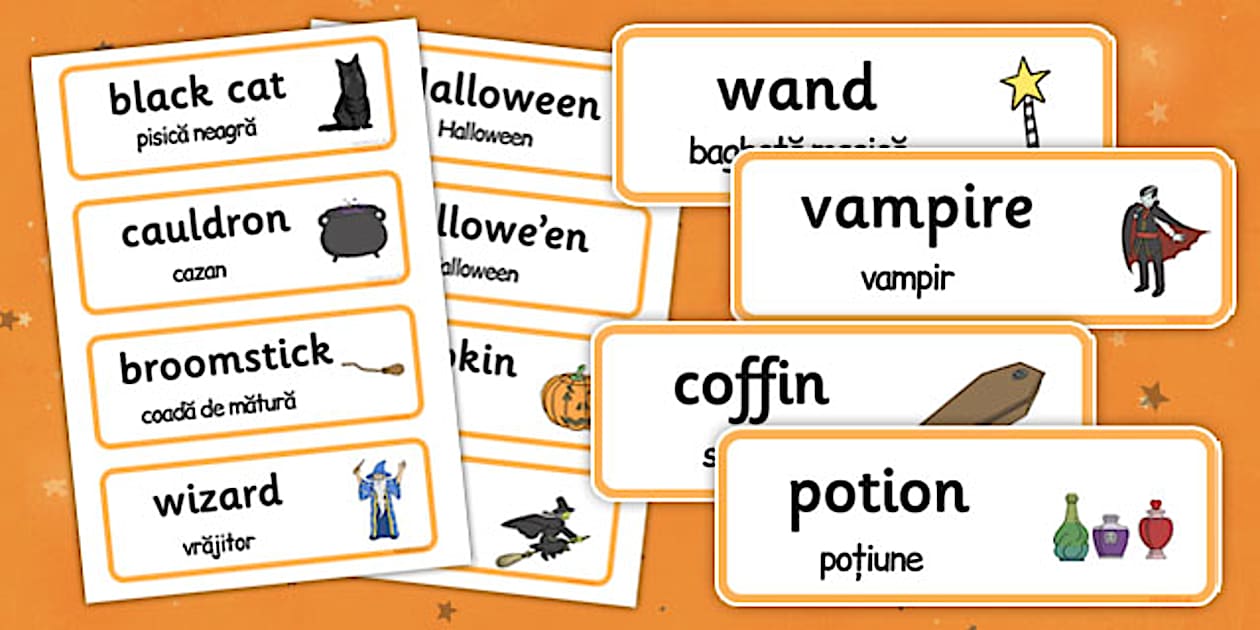 Halloween Word Cards Romanian Translation (teacher made)