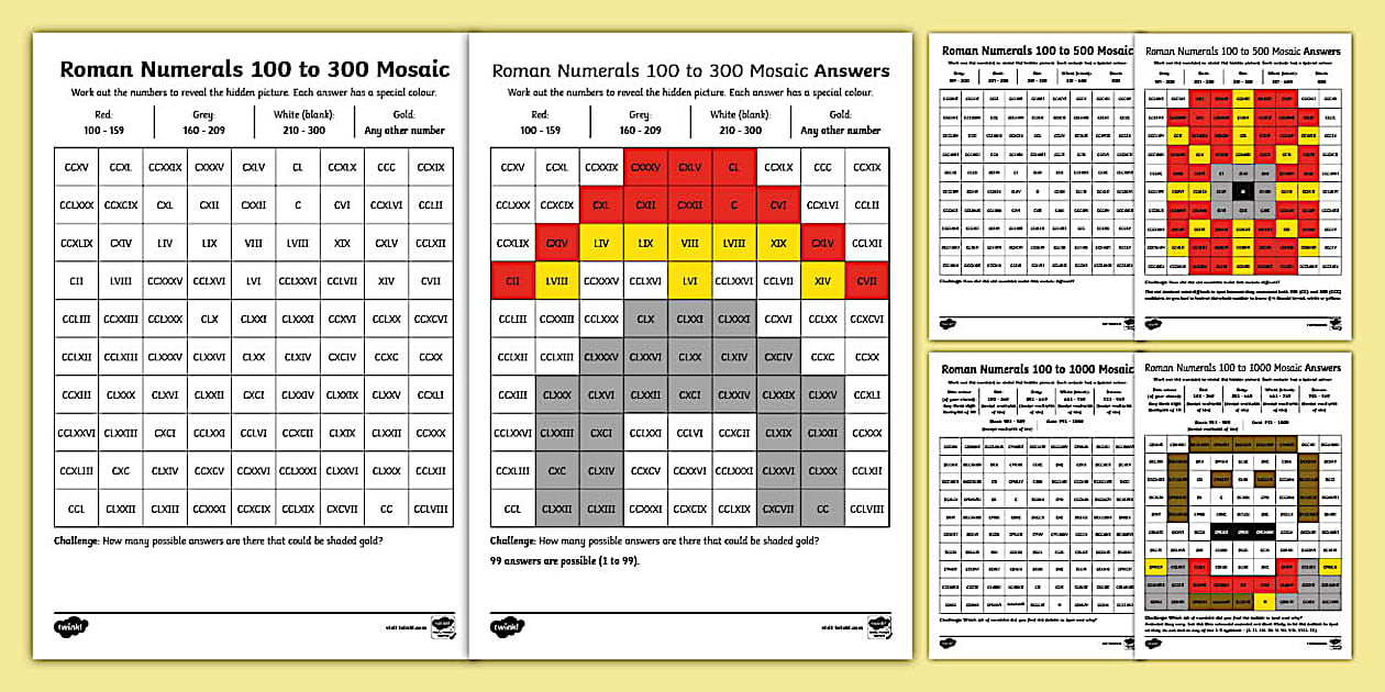 Roman Numerals to 1000 Maths Mosaic Worksheets - Twinkl