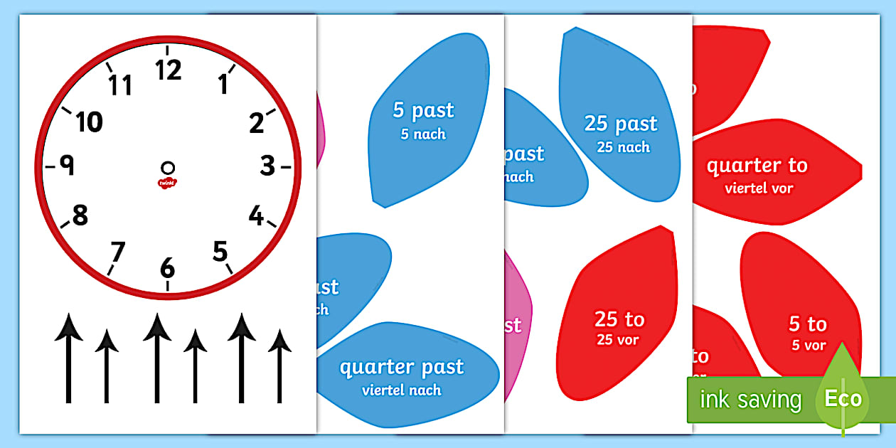 Analogue Clock Flower Labels English/German - EAL, German, Analogue Clock