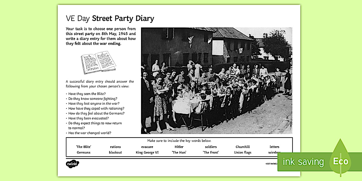VE Day Diary Worksheet | Parents WW2 History Resource
