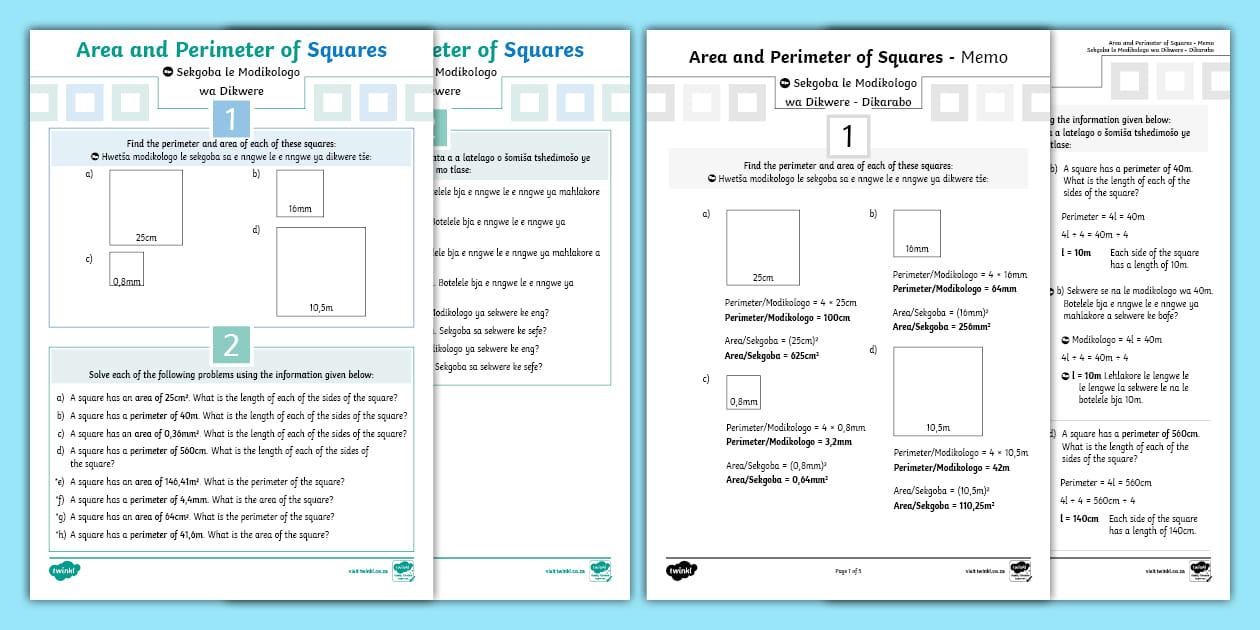 Area and Perimeter of Squares: Activity Sheet - Sepedi
