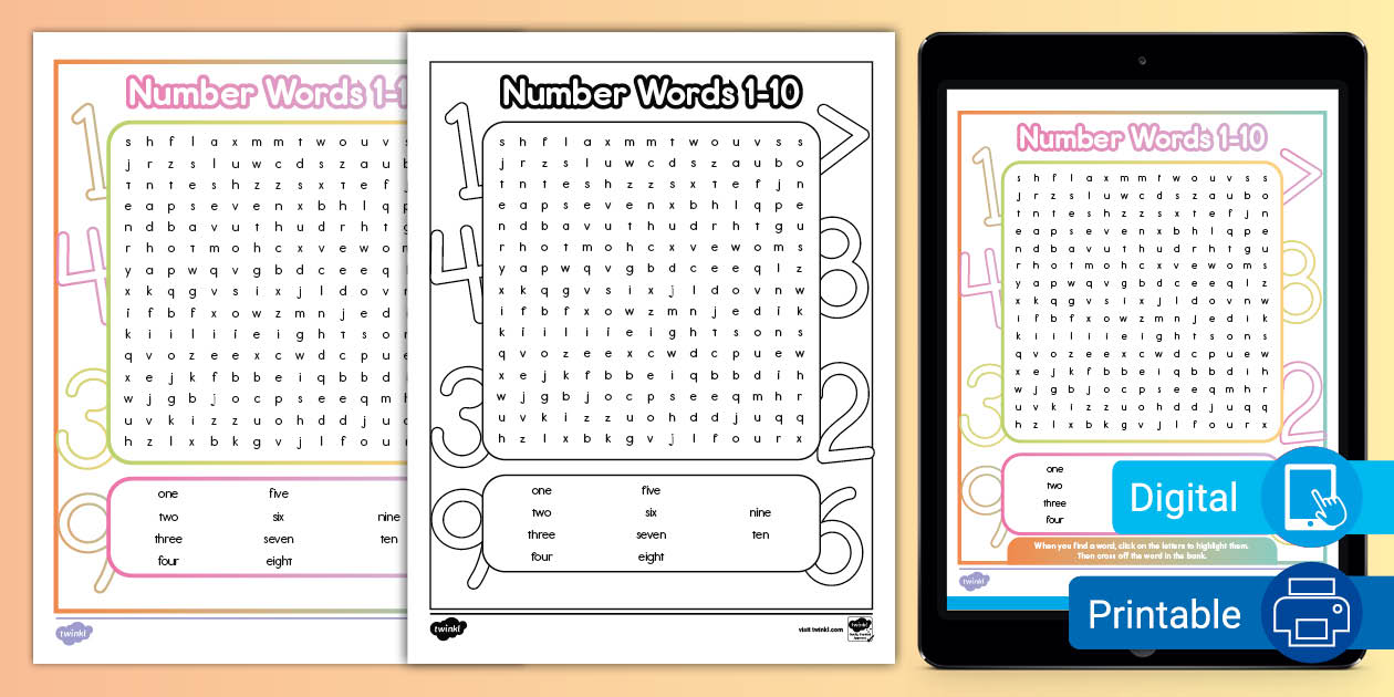 Number Words 1-10 Word Search for K-2nd Grade (teacher made)