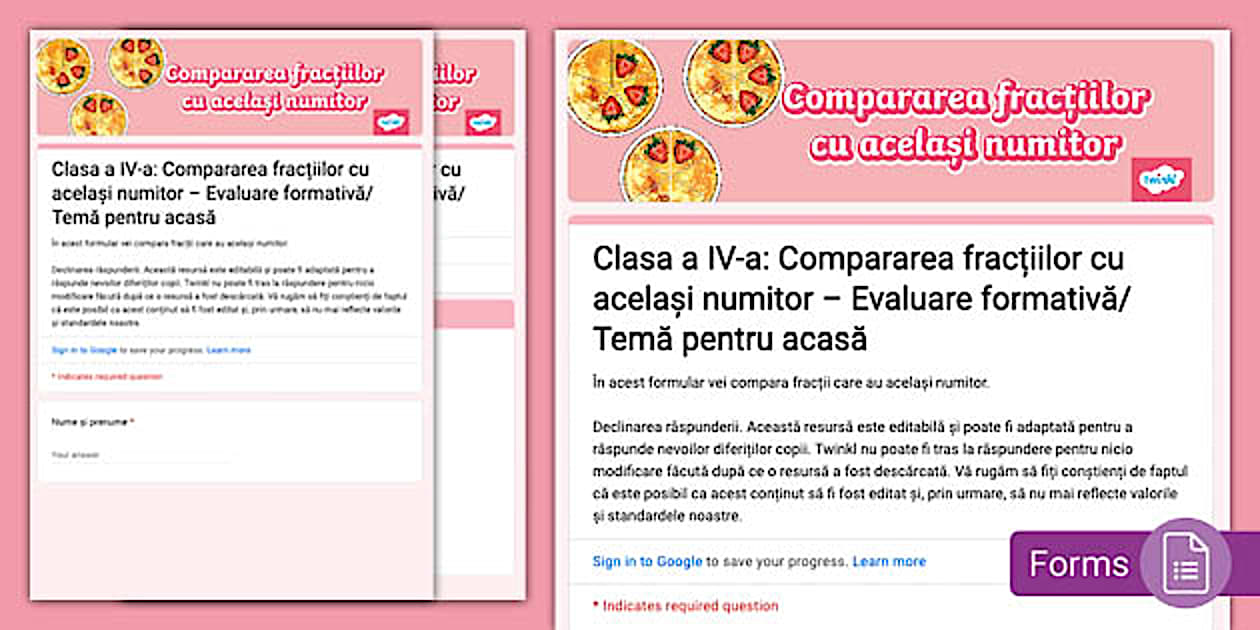 Compararea fracțiilor cu același numitor Clasa 4 Test Temă