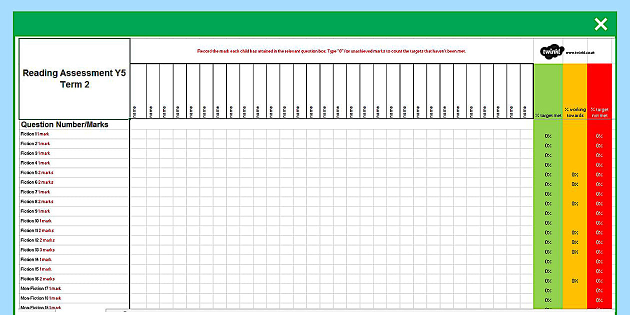 Year 5 Term 2 Reading Assessment Spreadsheet (Teacher-Made)