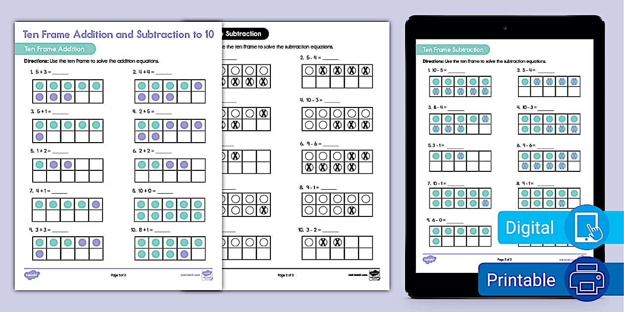 Ten Frame Addition and Subtraction to 10 Worksheet for K-1st Grade
