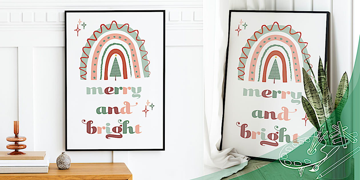 Merry and Bright Muted Rainbow-Themed Christmas Poster