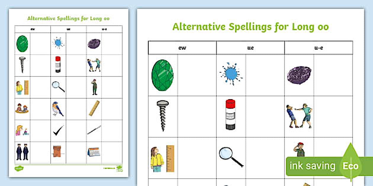 Alternative Spellings ew, u-e, ue Table Worksheet - Twinkl