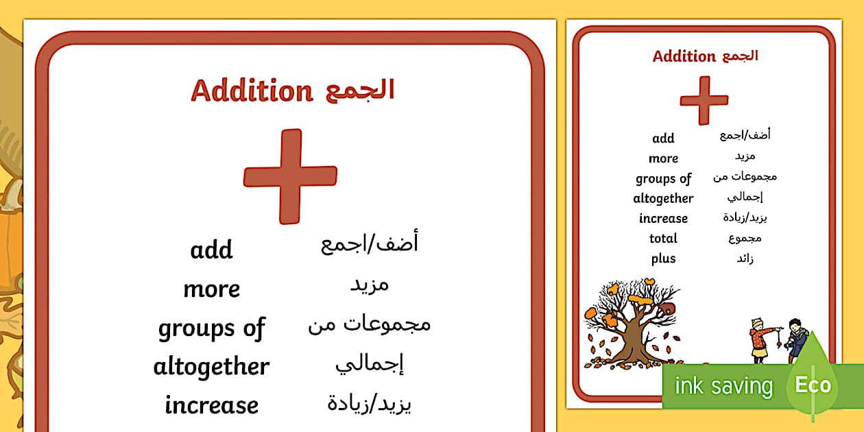 Autumn Themed Addition Vocabulary Display Poster Arabic/English - Autumn
