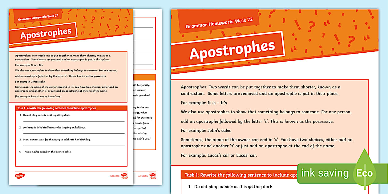 Grammar Homework Week 22 Apostrophes 3rd/4th Class - Twinkl