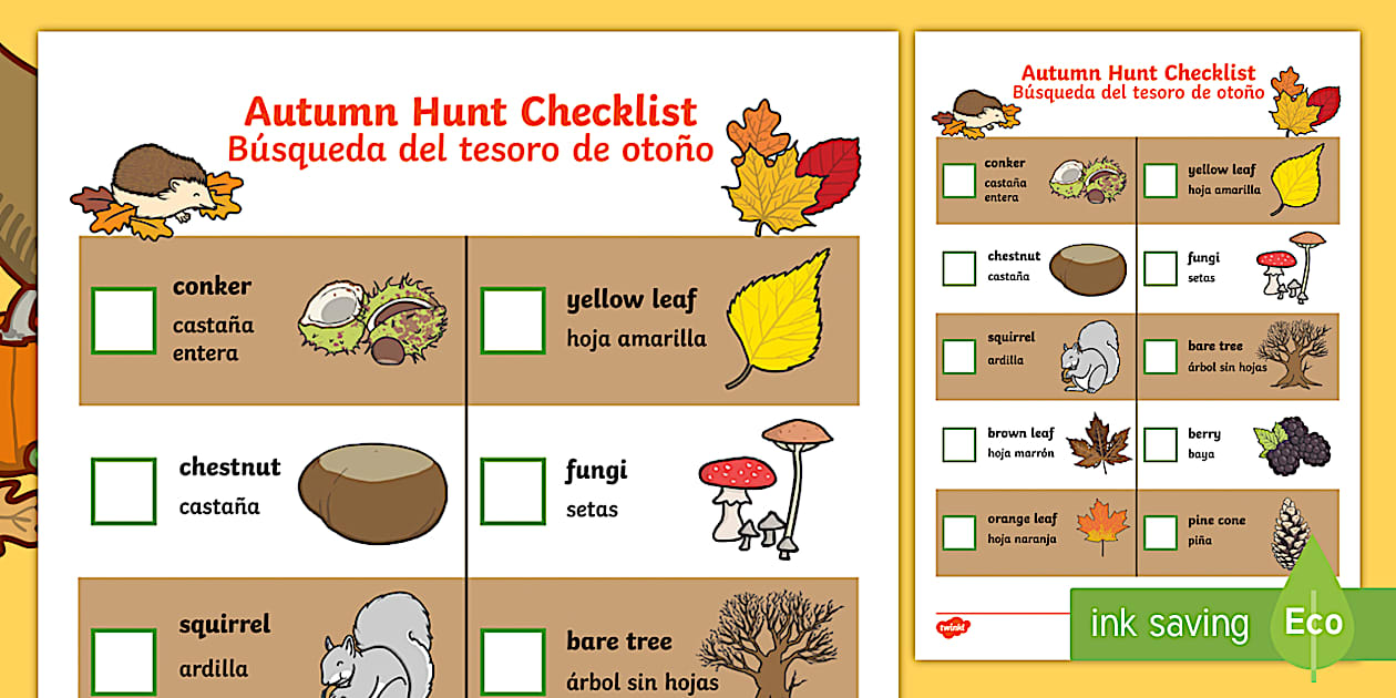Autumn Hunt Checklist Worksheet / Worksheet English/Spanish - Autumn Hunt