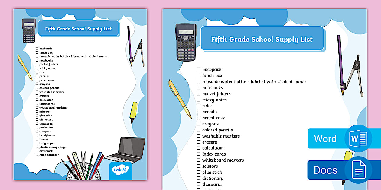 Fifth Grade Editable School Supply List (Teacher-Made)