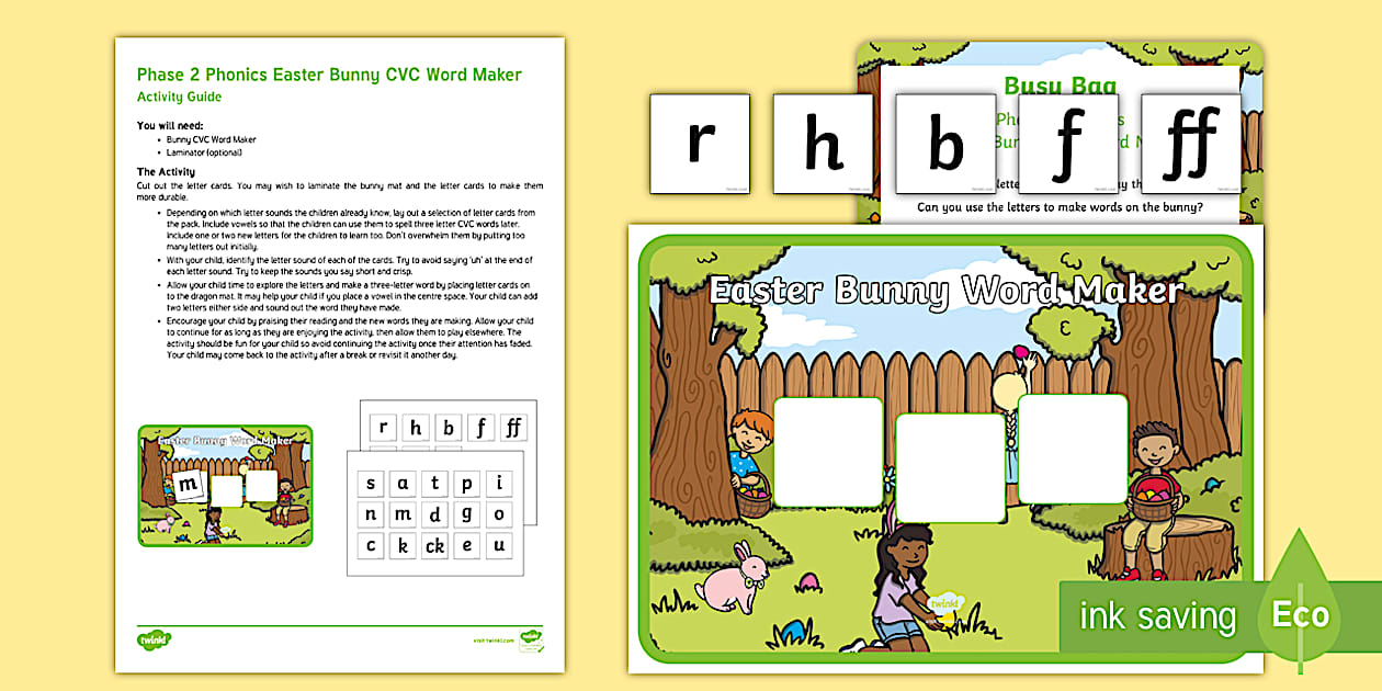 Phase 2 Phonics Easter Bunny CVC Word Maker Busy Bag Prompt Card and ...