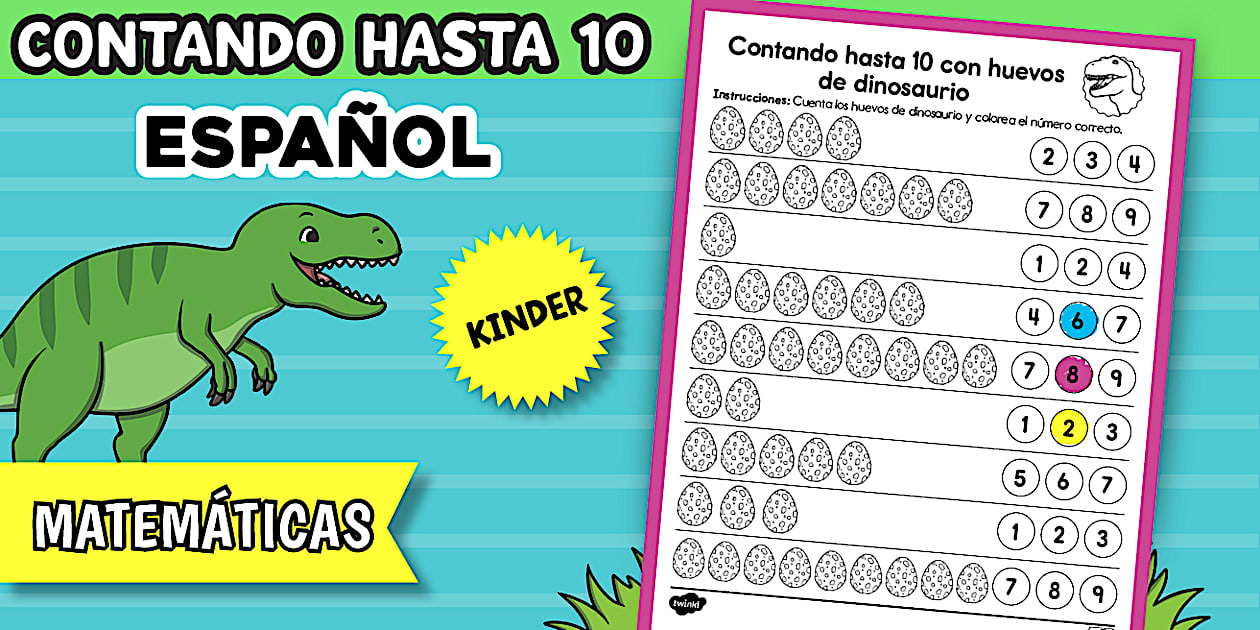 Hoja de trabajo para kínder : Contando hasta 10 con huevos de dinosaurio