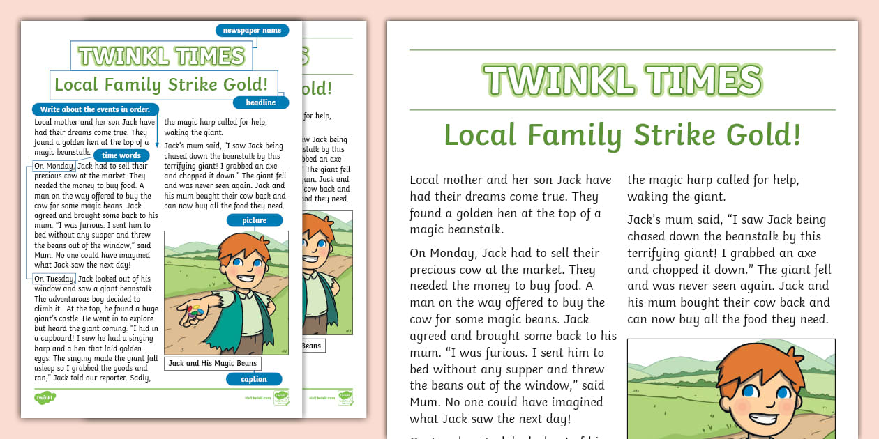 Jack and the Beanstalk Newspaper Report Example - KS1