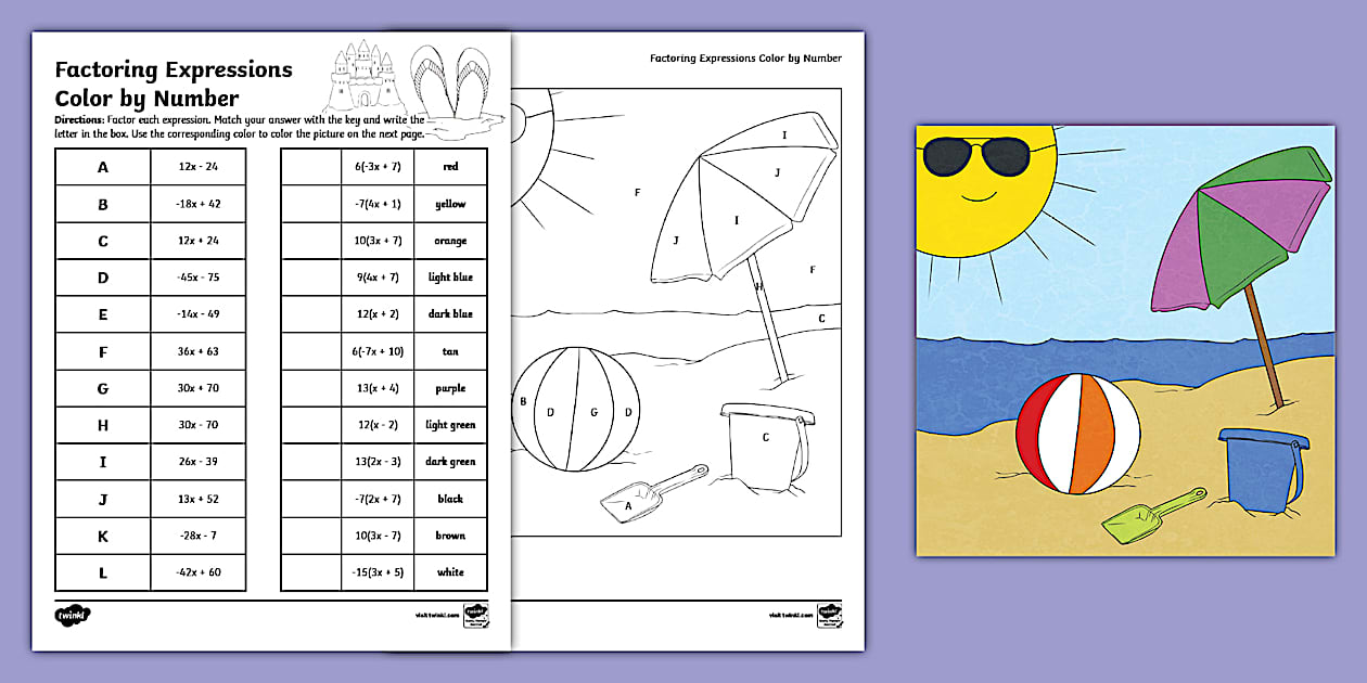 Sixth Grade Factoring Expressions Color by Number Beach Worksheet