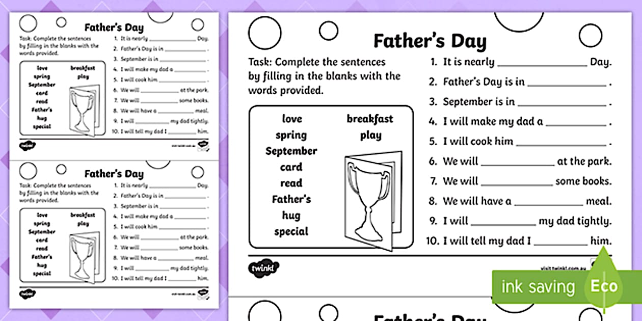 TAS Father's Day Cloze Worksheet - Australia - Twinkl