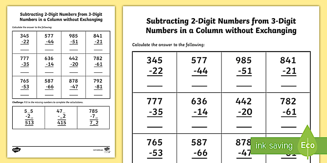 Subtracting 2-Digit Numbers from 3-Digit Numbers Worksheet