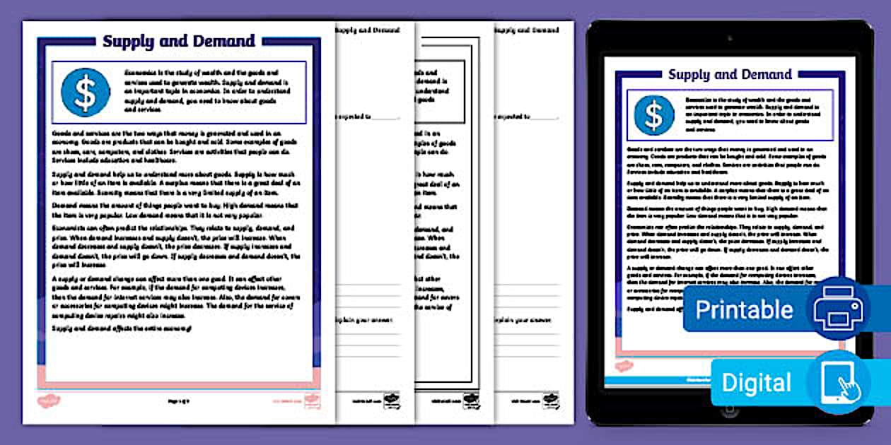 Third Grade Supply and Demand Reading Comprehension Worksheet