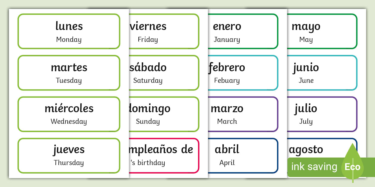 Days of the Week & Months of the Year Labels - English/Spanish - Days ...