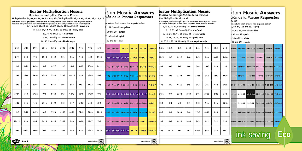 Easter Multiplication Mosaics Differentiated Worksheets English/Spanish