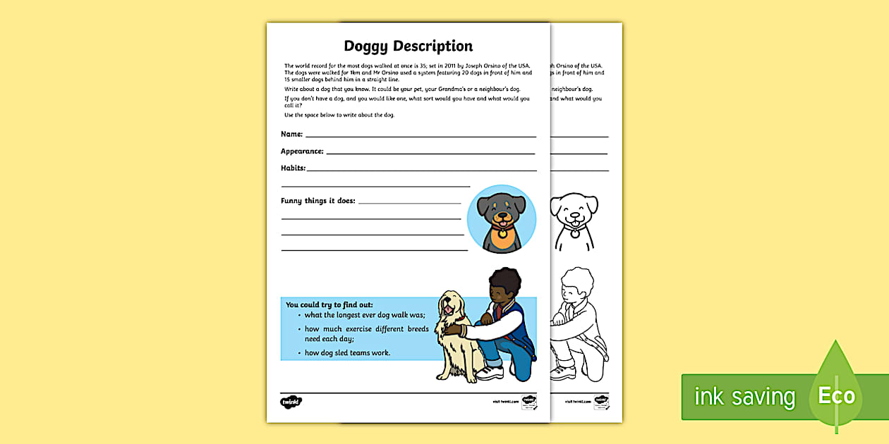 Black and White Doggy Description Worksheet (teacher made)