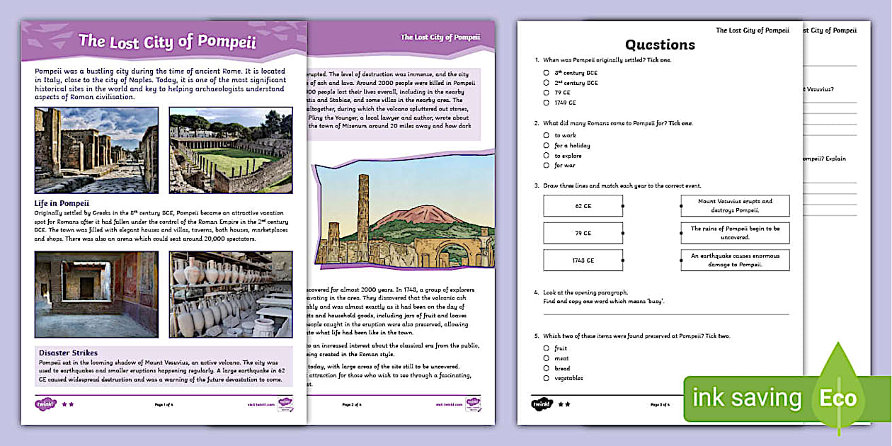 LKS2 Pompeii Reading Comprehension PDF - Pompeii Worksheets