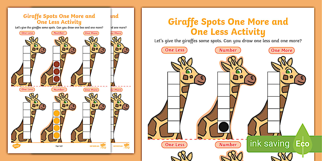 Giraffe Spots One More and One Less Activity Sheet | Twinkl