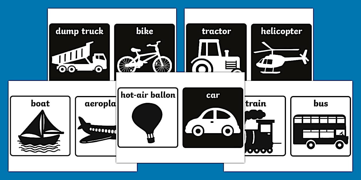 Black and White Picture Flashcards: Vehicles and Transport
