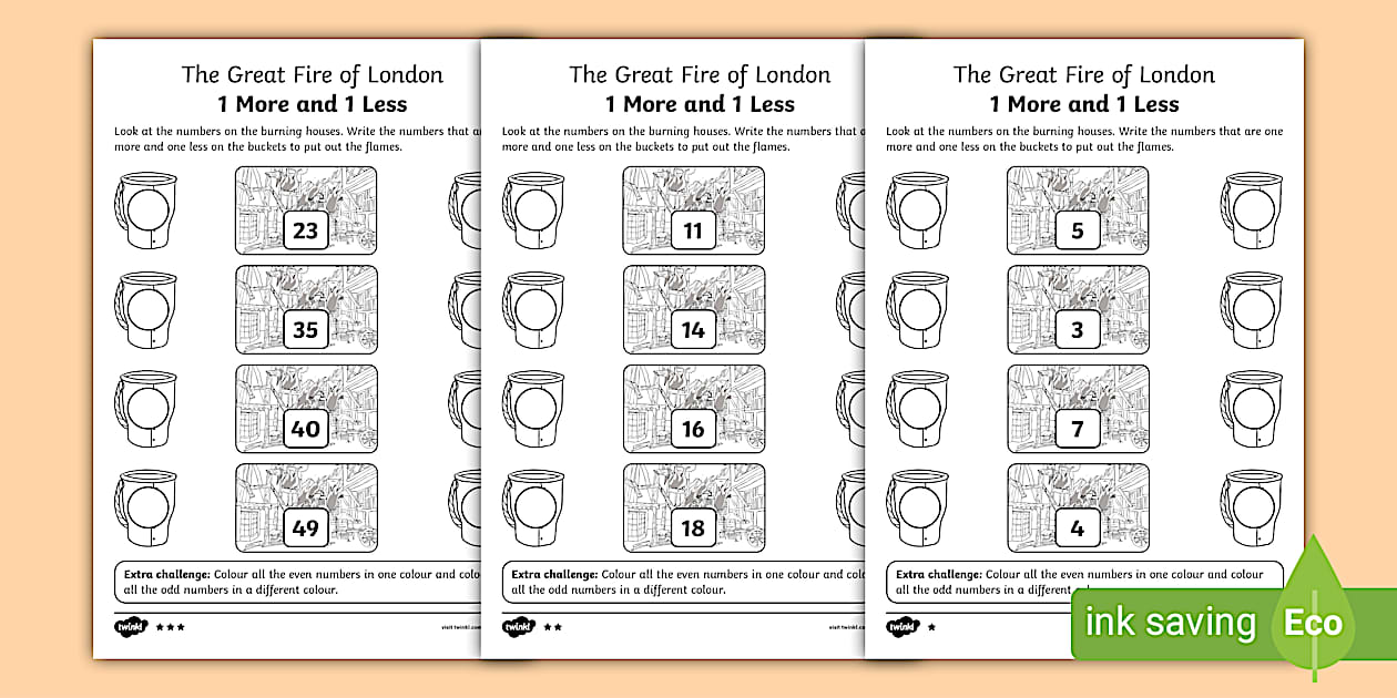 Lower Ability KS1 The Great Fire of London 1 More and 1 Less Differentiated