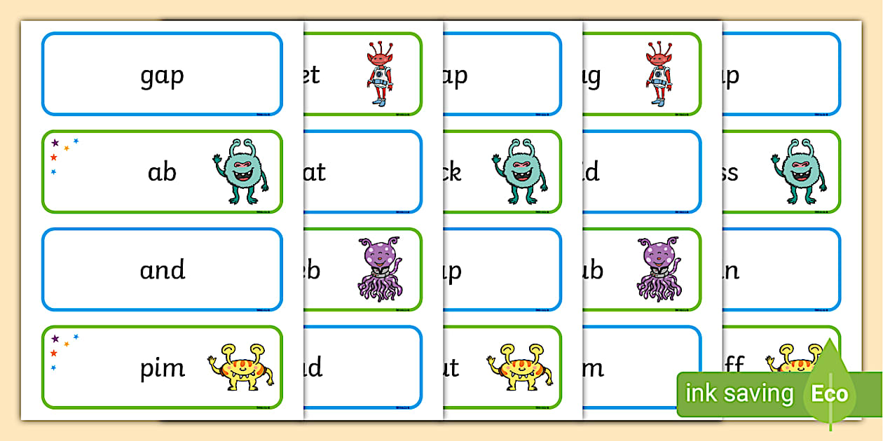 Phonics Screening Phase 2 Real and Alien Words - Flash Cards