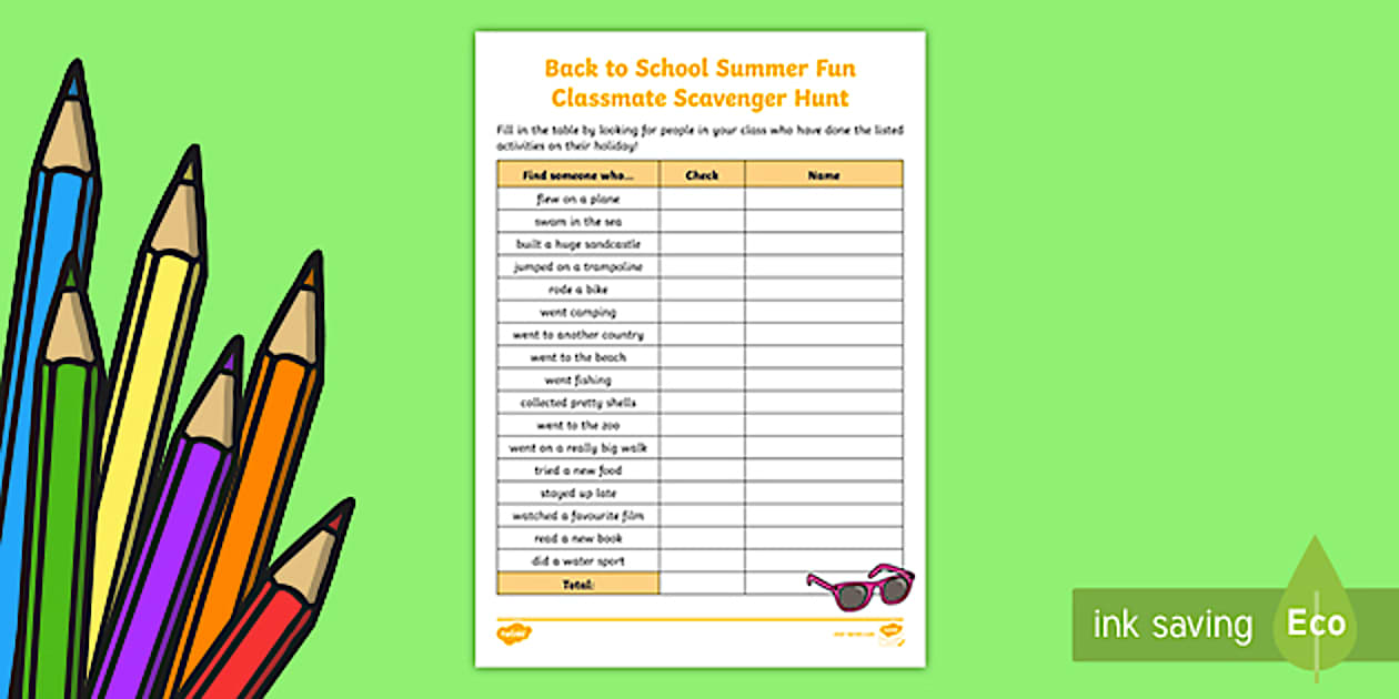 Back to School Summer Fun Classmate Scavenger Hunt - Twinkl