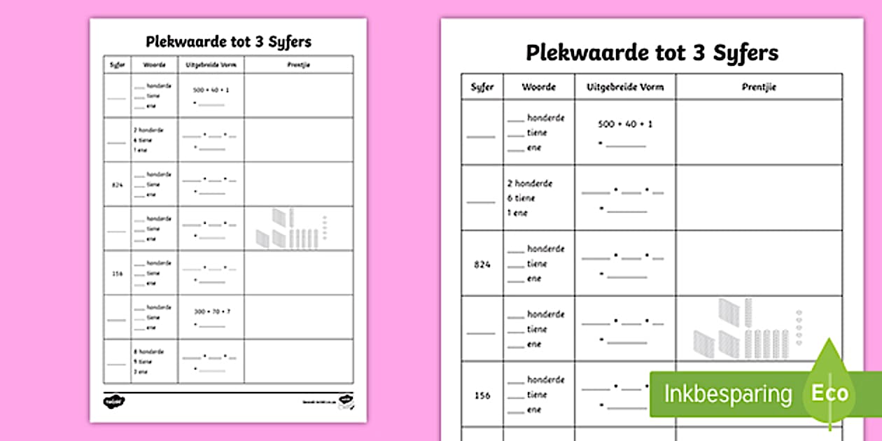 Plekwaarde tot 3 Syfers Aktiwiteitsbladsy