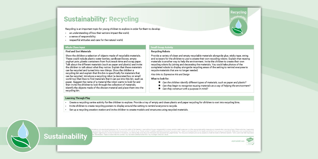 Recycling Kindergarten Sustainability Planning | Twinkl Resource
