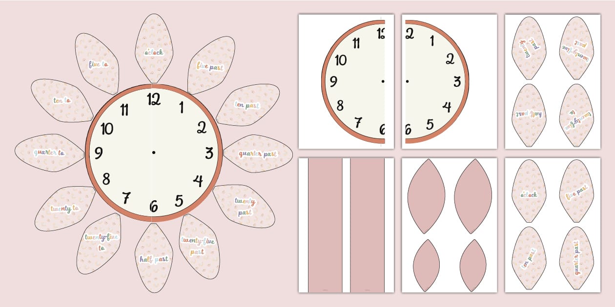 👉 Muted Rainbow Themed Analogue Clock Flower Labels Cut-Outs
