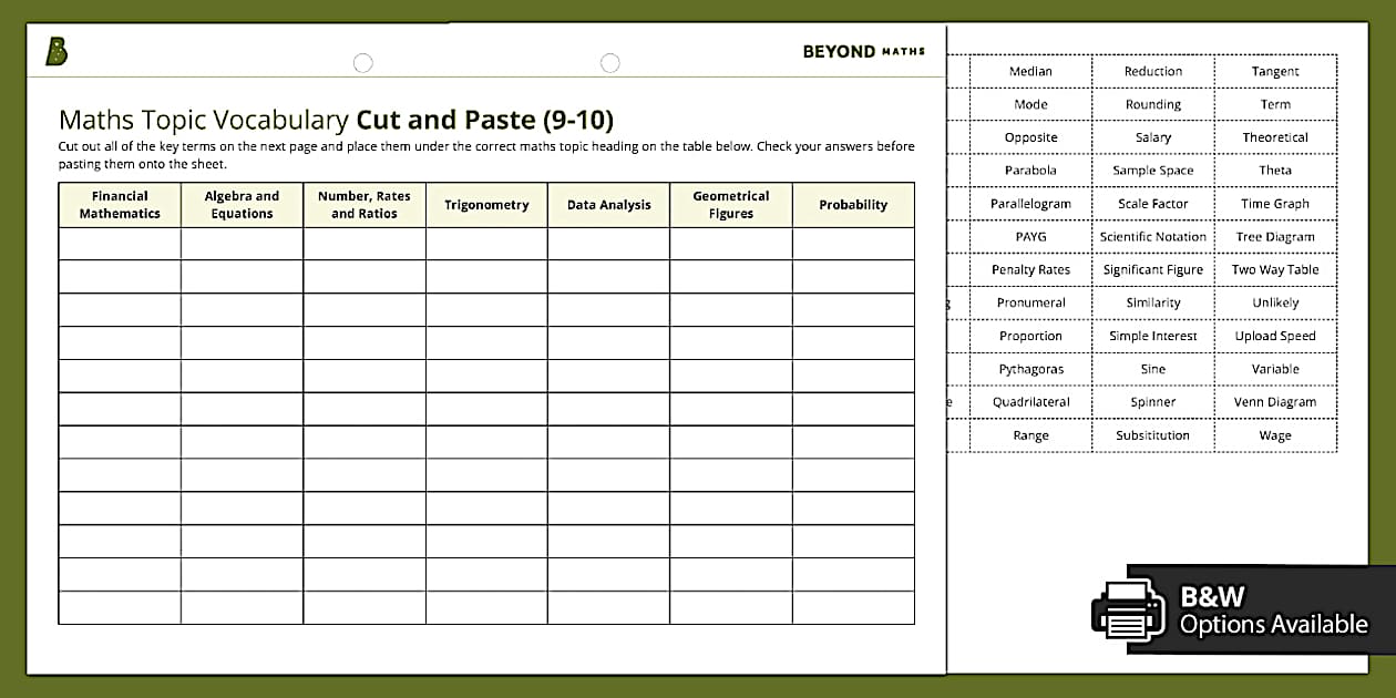 Maths Vocabulary Cut and Paste Activity - Beyond Secondary