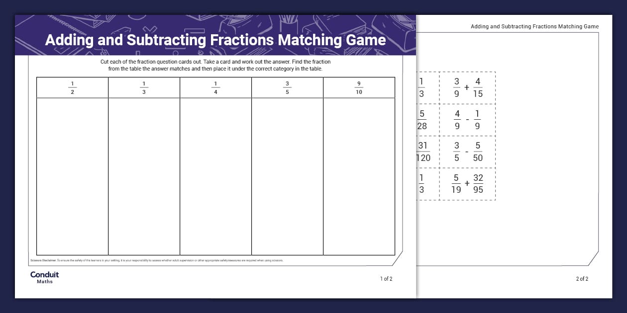 Adding And Subtracting Fractions Matching Game Twinkl