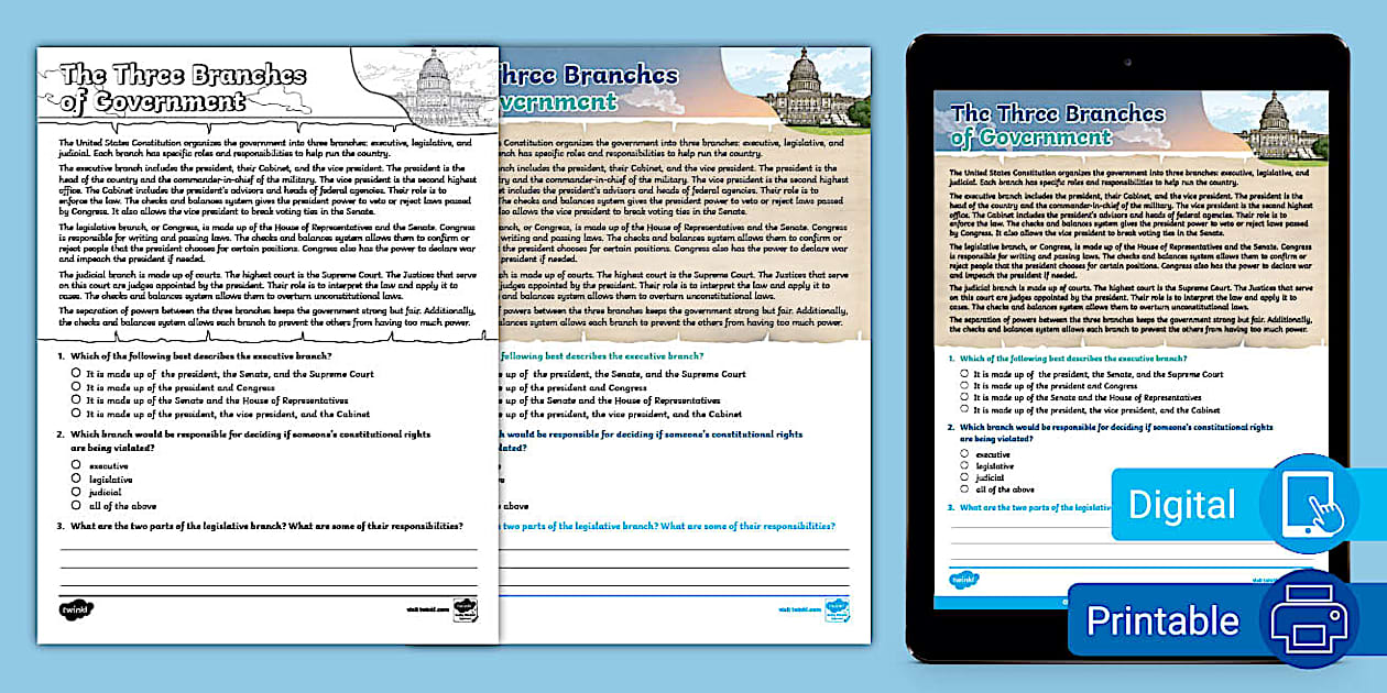 Sixth Grade U.S. Government Reading Passage Comprehension Worksheet