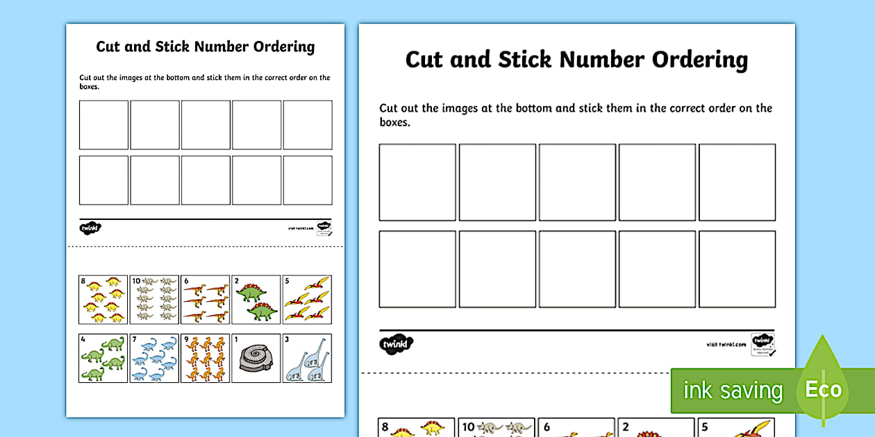 Dinosaurs Themed Cut and Stick Number Ordering Worksheet / Worksheets