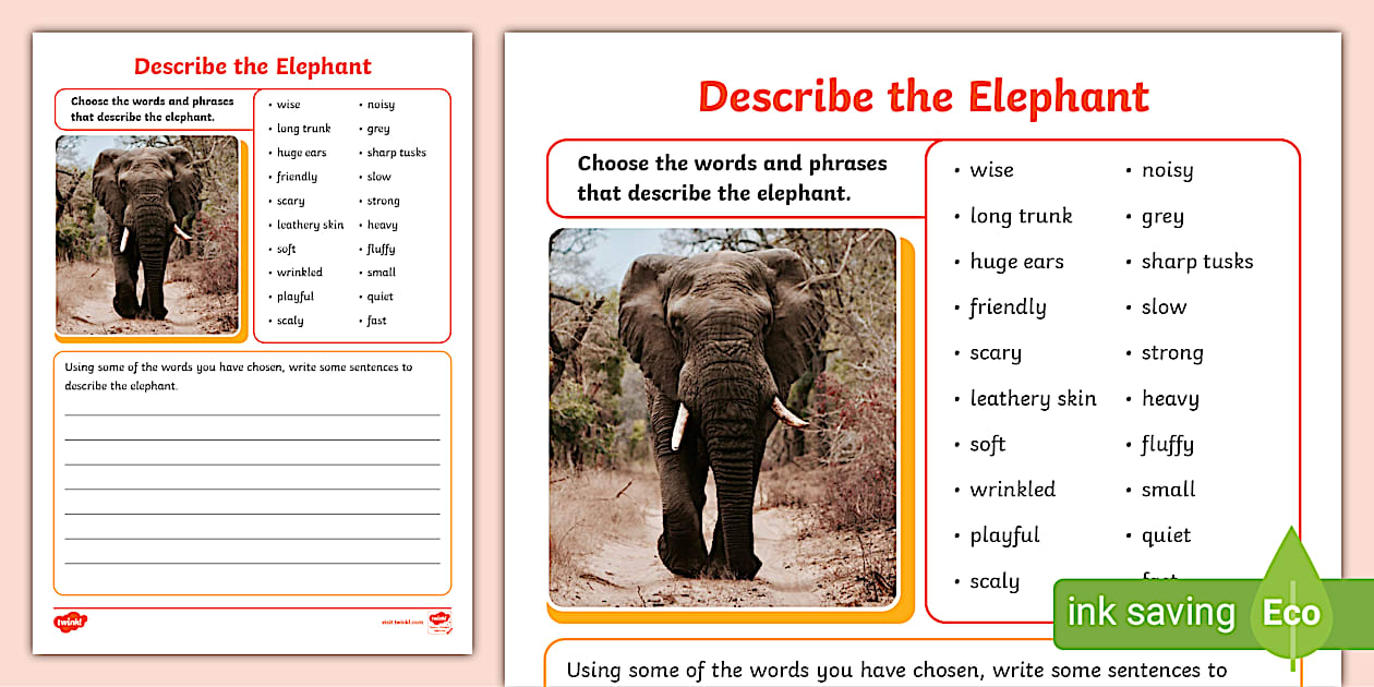 Describe the Elephant Writing Activity,elephant - Twinkl