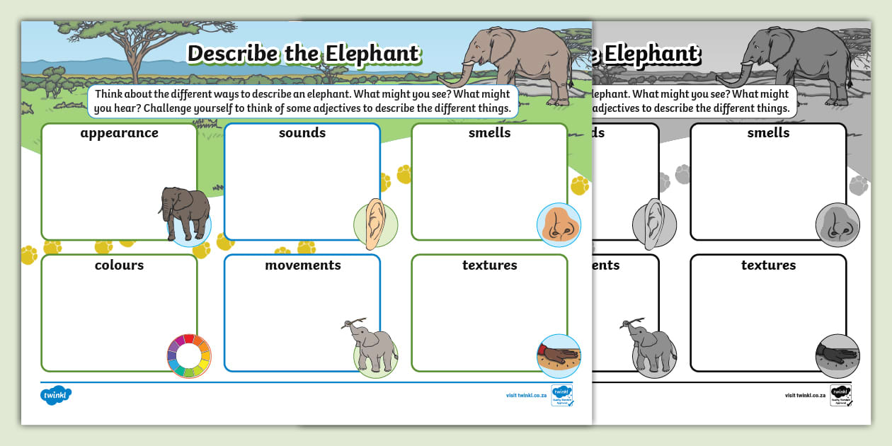 Elephant Adjectives Worksheet - Twinkl Writing